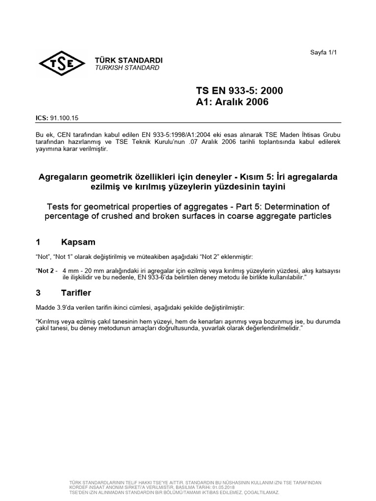 TS EN 933-5: 2000 A1: Aralık 2006 | PDF