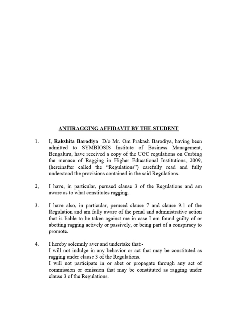 Student Anti-Ragging Affidavit | PDF | Affidavit | Justice