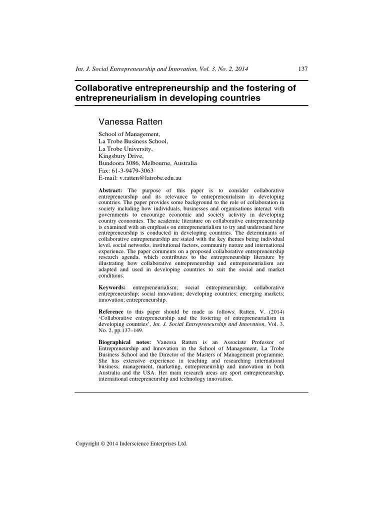 Collaborative Entrepreneurship and The Fostering of Entrepreneurialism ...
