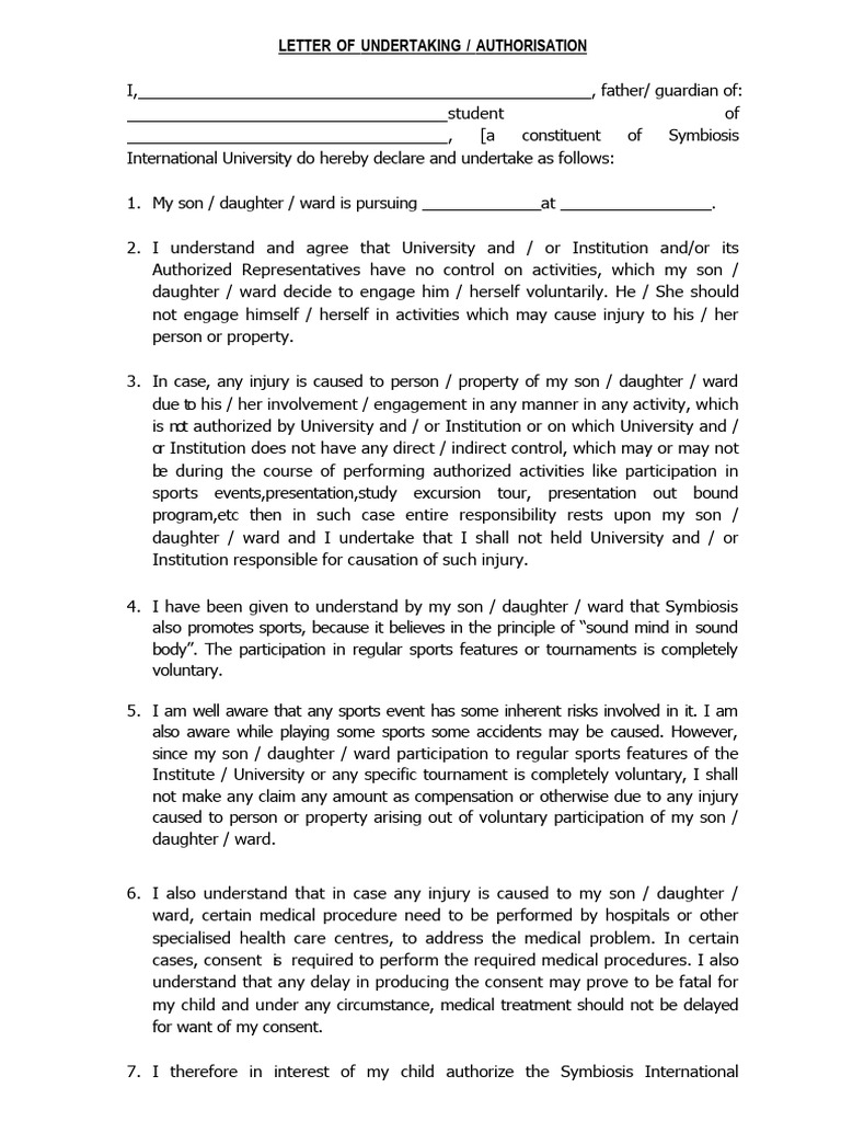 Indemnification Undertaking by Student - 3 | PDF | Informed Consent | Consent