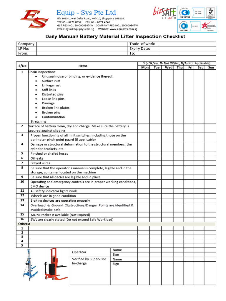 EquipSys Manual and Battery Material Lifter Inspection Checklist | PDF ...