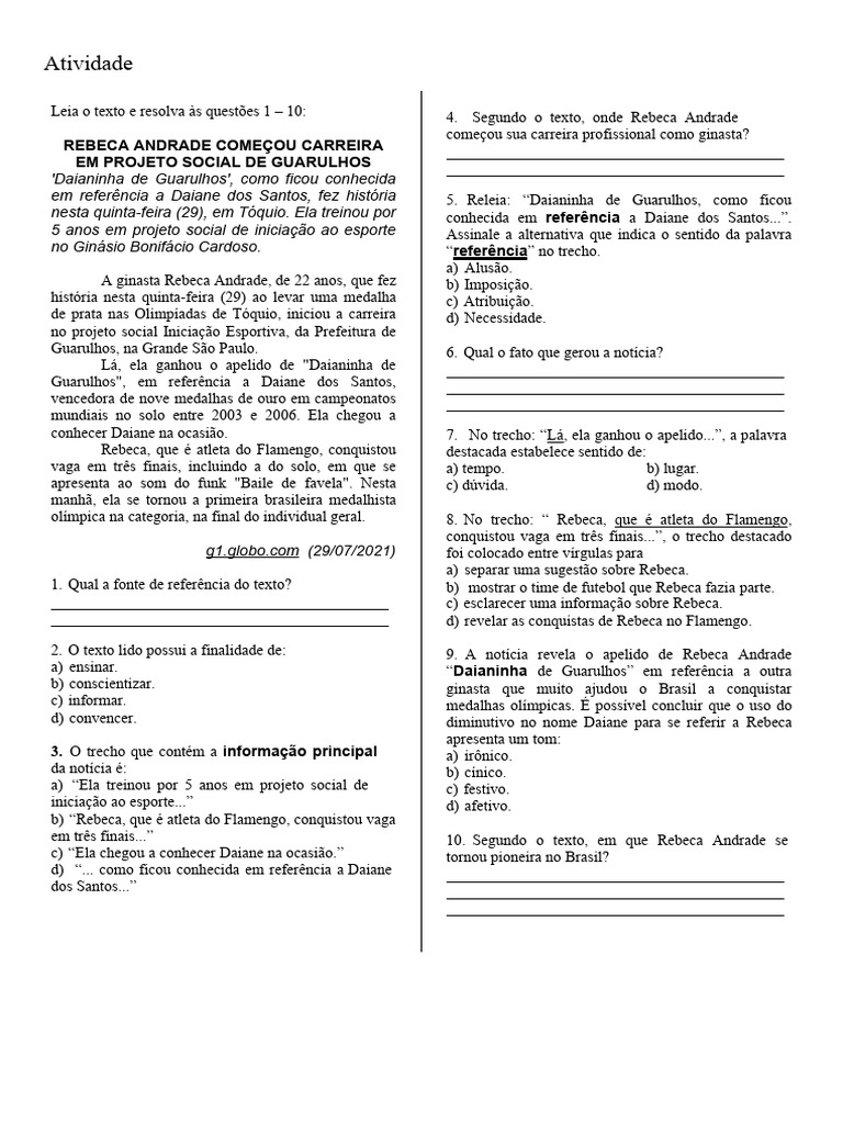 ATIVIDADE 7° Ano Passado Questões | PDF
