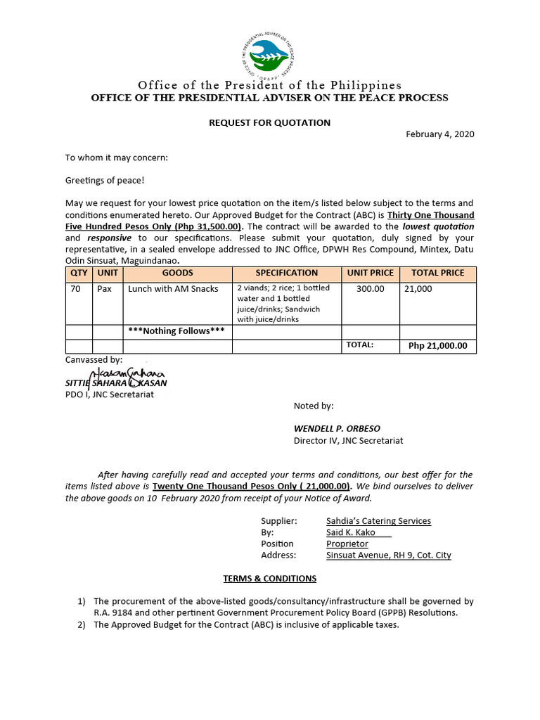 RFQ - Meals Meeting | PDF
