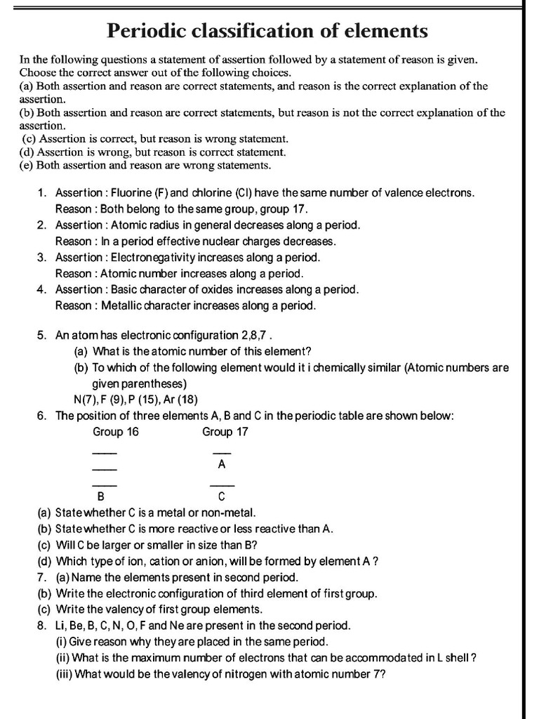 Chem Assign Periodic Classifications of Elements | PDF