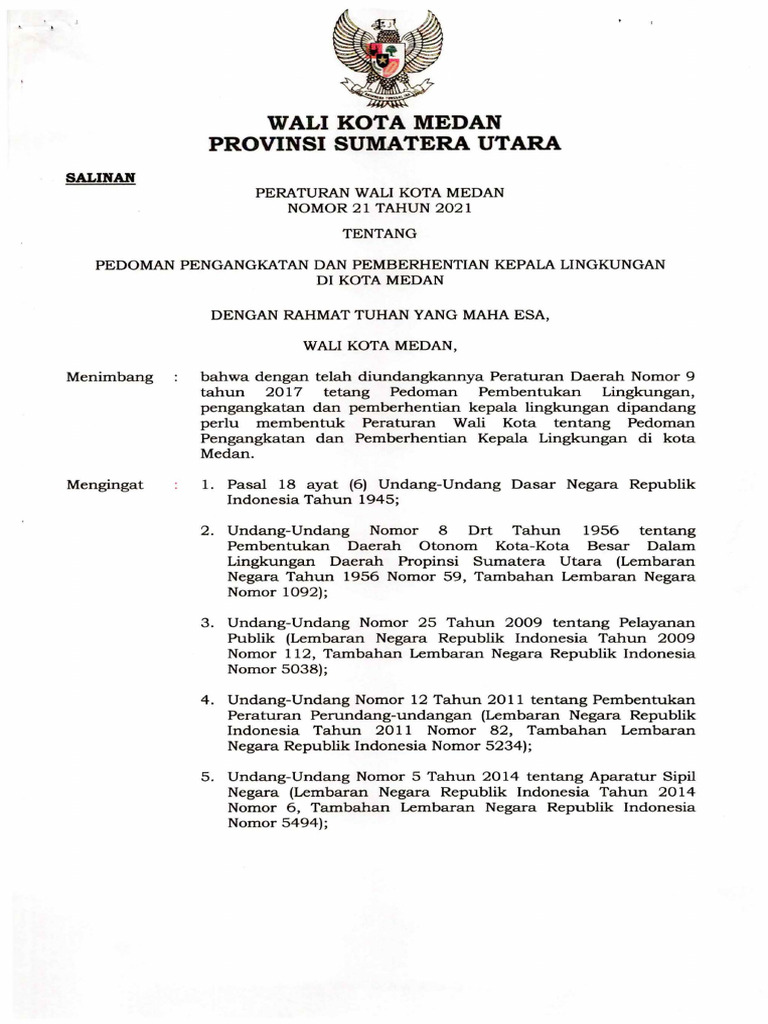 P Wal MDN 21 2021 Ped Pengangkatan & Pemberhentian Kepling Kota MDN | PDF