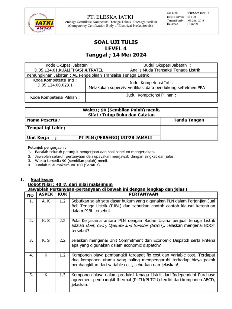 Soal Uji Tulis Analis Muda Tenaga Listrik | PDF