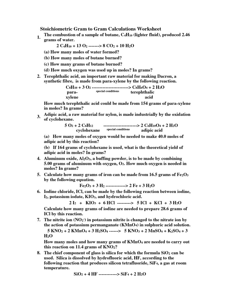 Stoichiometric Calculations Worksheet | PDF | Nitrite | Silicon Dioxide