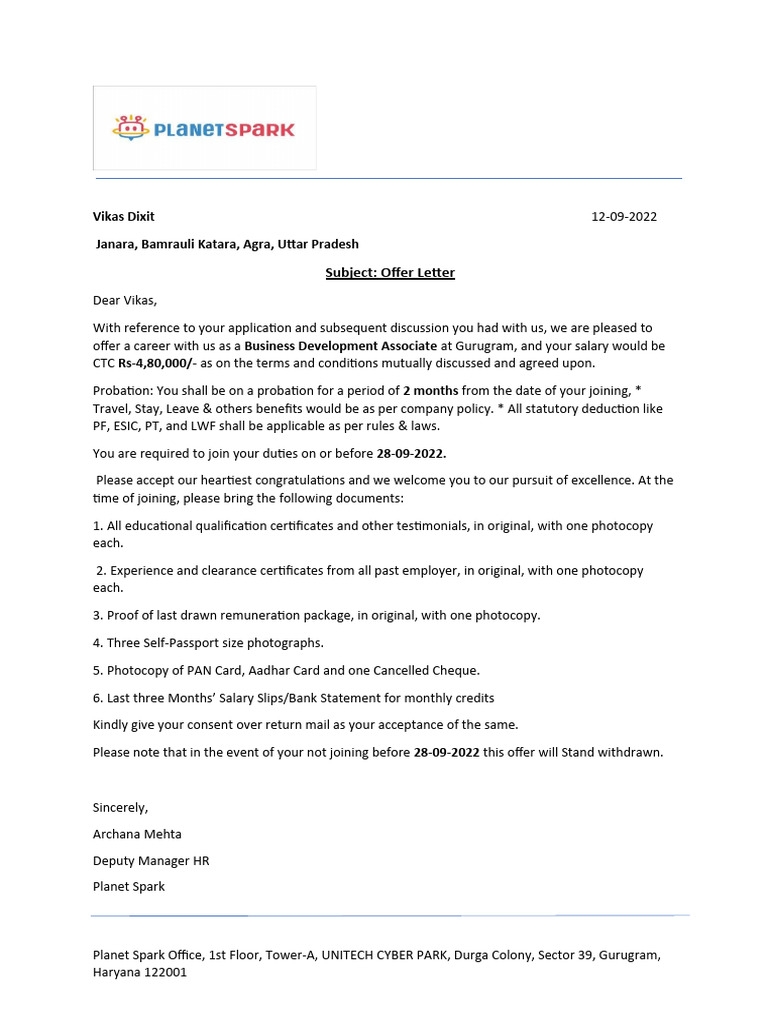 Business Development Offer Letter | PDF