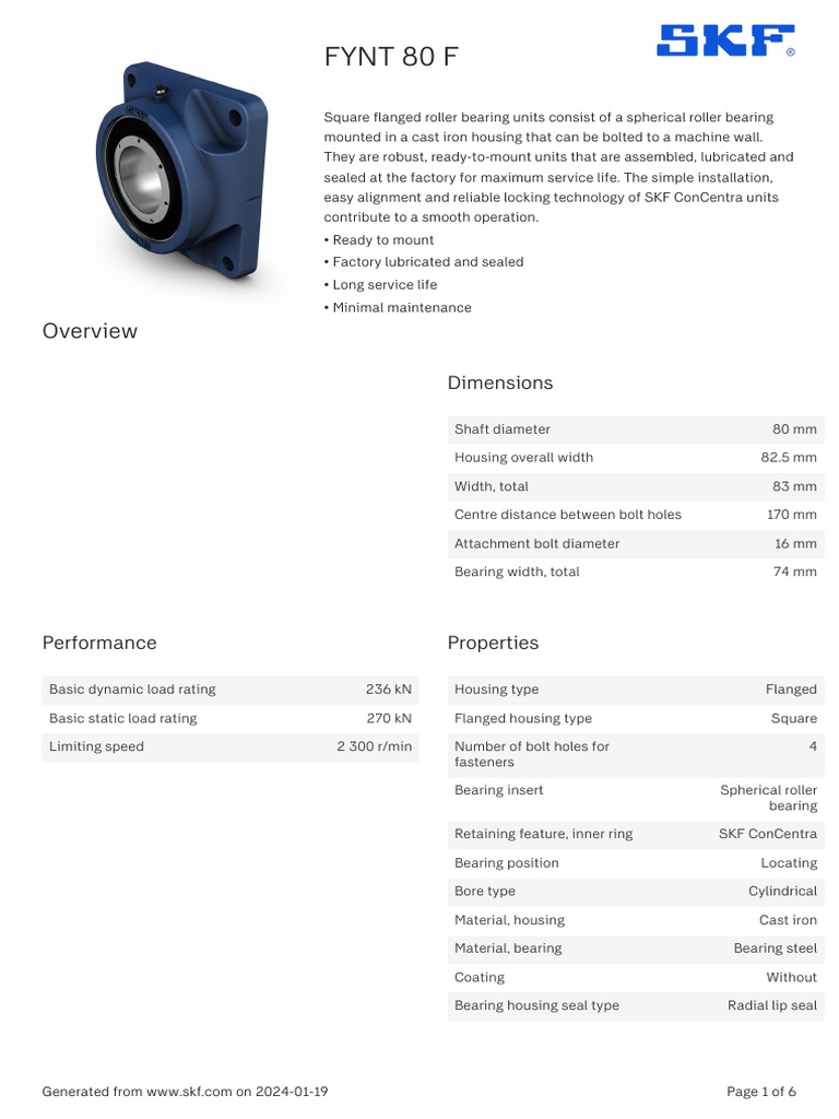 SKF FYNT 80 F Specification | PDF | License | Bearing (Mechanical)