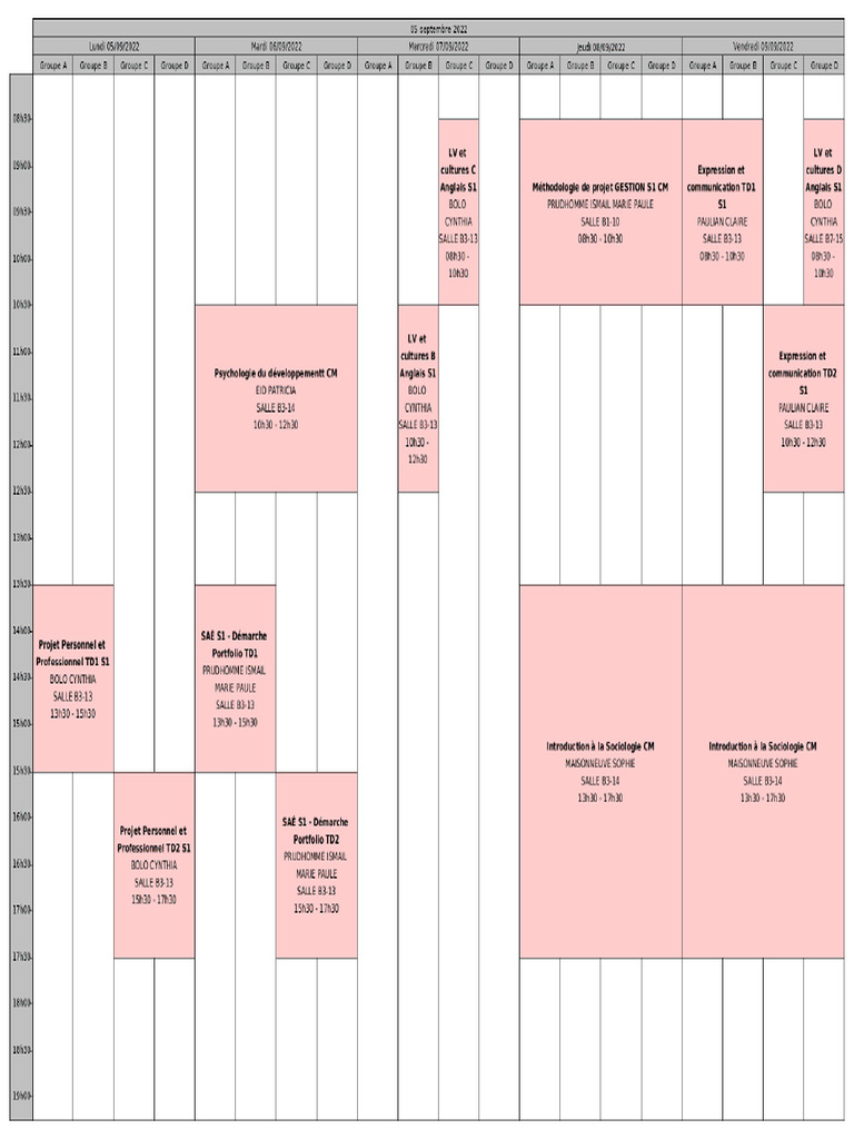 Emploi Du Temps but ASSC1 Fi Semaine Du 5 Au 9 Septembre | PDF