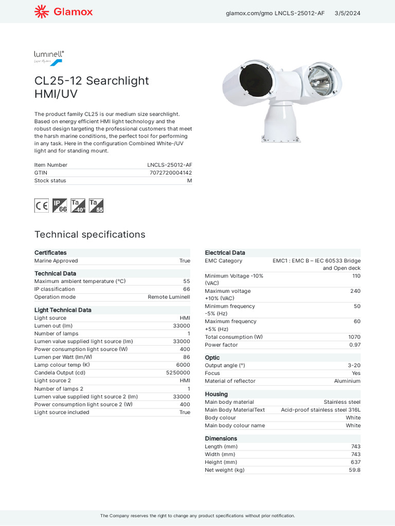 CL25-12 HMI UV Searchlight Specifications | PDF | Alternating Current ...