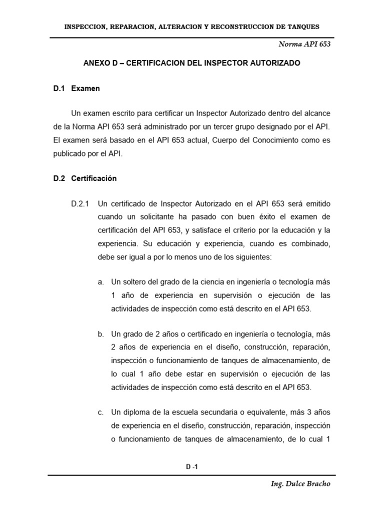 ANEXO D - CERTIFICACION DEL INSPECTOR AUTORIZADO | PDF