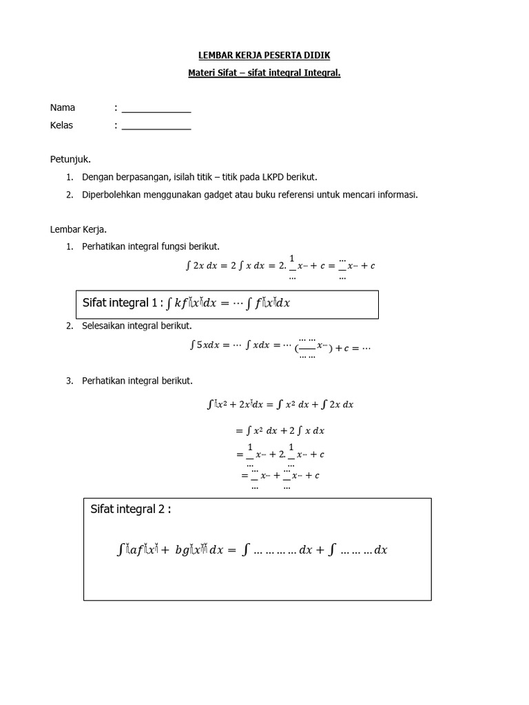Lembar Latihan - Mengidentifikasi Sifat-Sifat Integral Tak Tentu Fungsi Aljabar | PDF