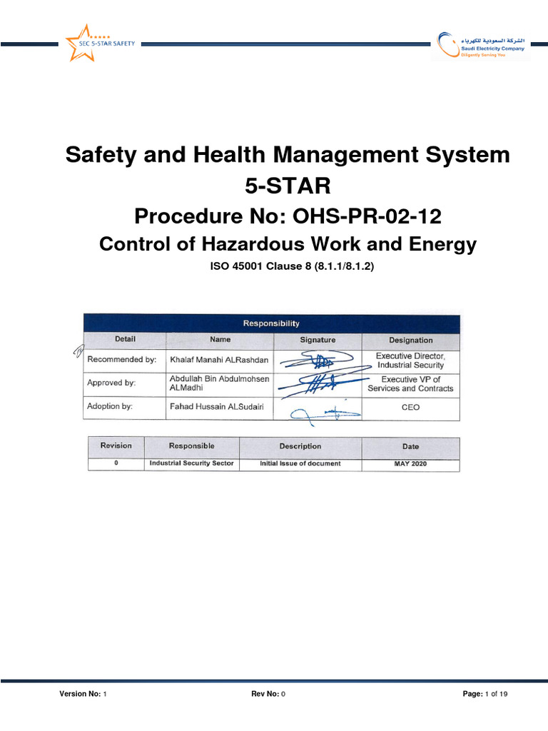 OHS-PR-02 - 12 Control of Hazardous Work Energy | PDF | Safety