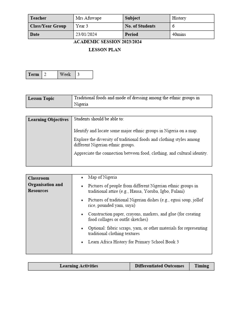 History Lesson Plan On Traditional Foods and Mode of Dressing Among The ...
