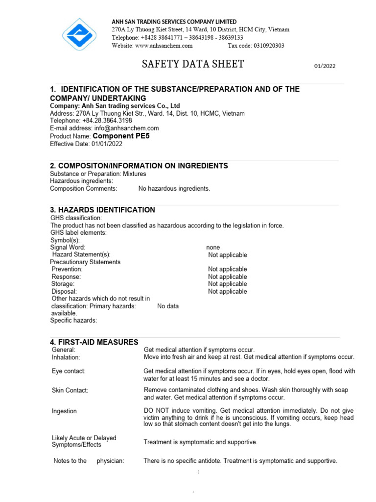MSDS Component Pe5 | PDF | Toxicity | Firefighting