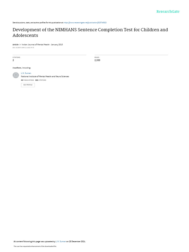 Development of The NIMHANS Sentence Completion Test For Children and ...