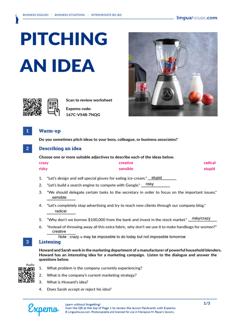 7 - Pitching an idea - Vocabulary - Listening comprehension | PDF
