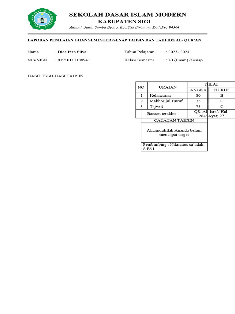 Rapor Tahfidz Kelas Vi Semester Genap | PDF