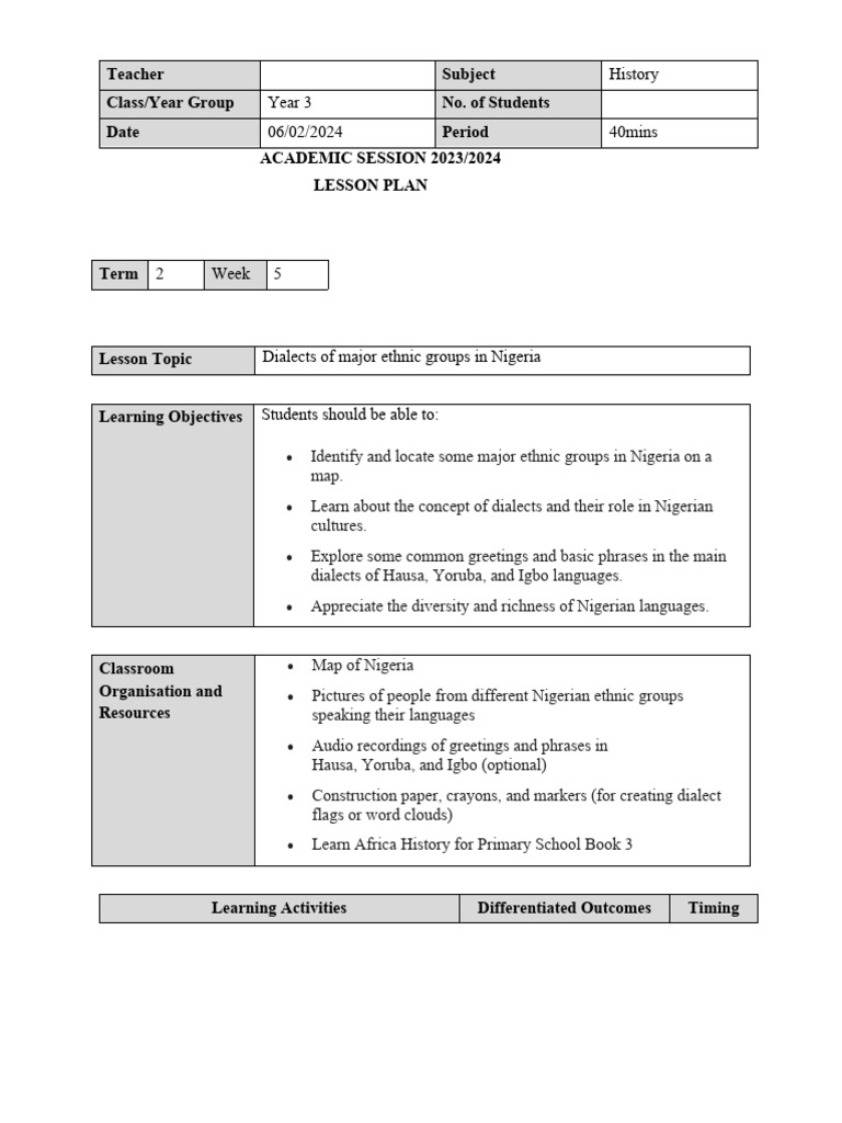 History Lesson Plan On Dialects of Major Ethnic Groups in Nigeria | PDF ...