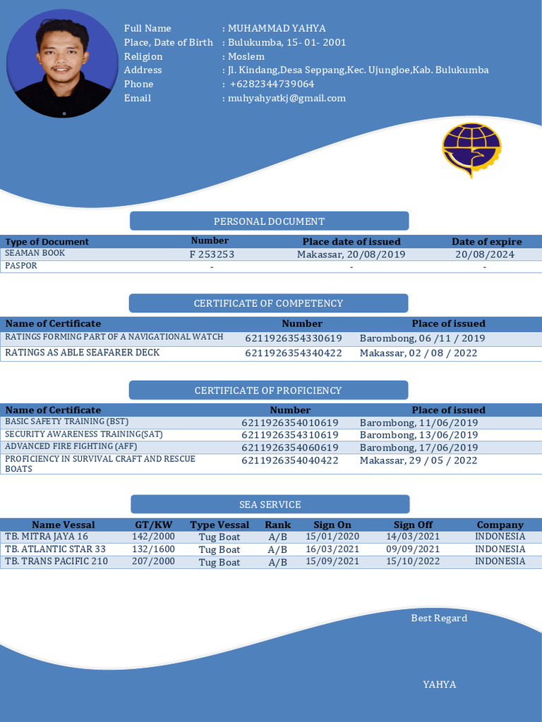 CV Muhammad Yahya - 034406 | PDF | Water Transport | Shipping