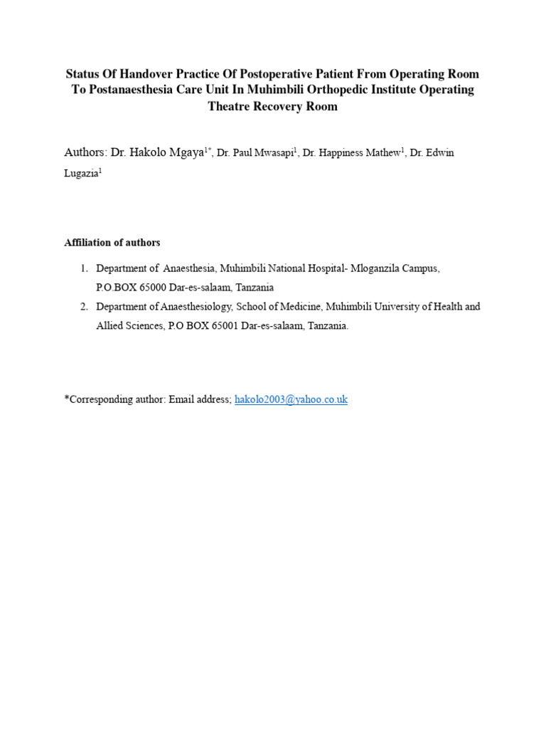 Status of Handover Practice of Postoperative Patient From Operating ...