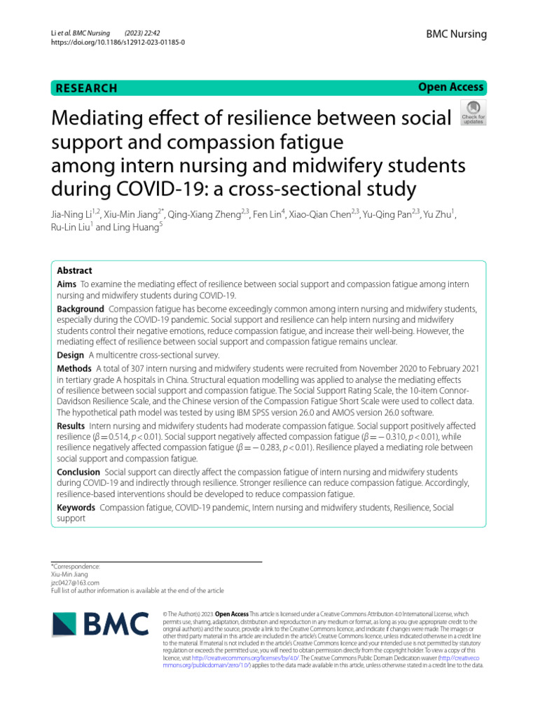 Mediating Efect of Resilience Between Social Support and Compassion Fatigue Among Intern Nursing ...
