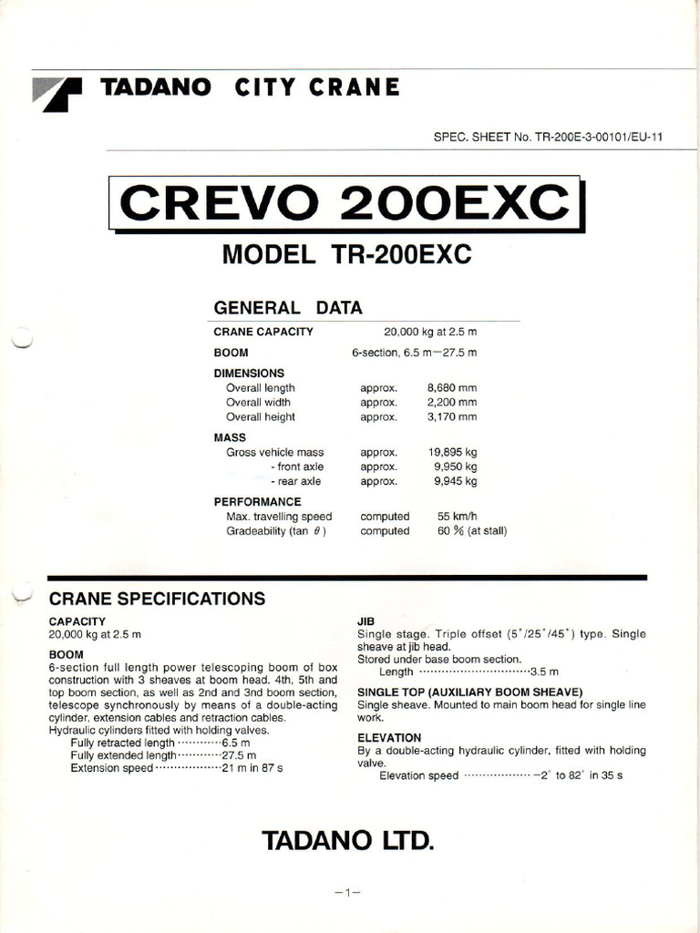 Tadano 20 Ton Crane Spec | PDF