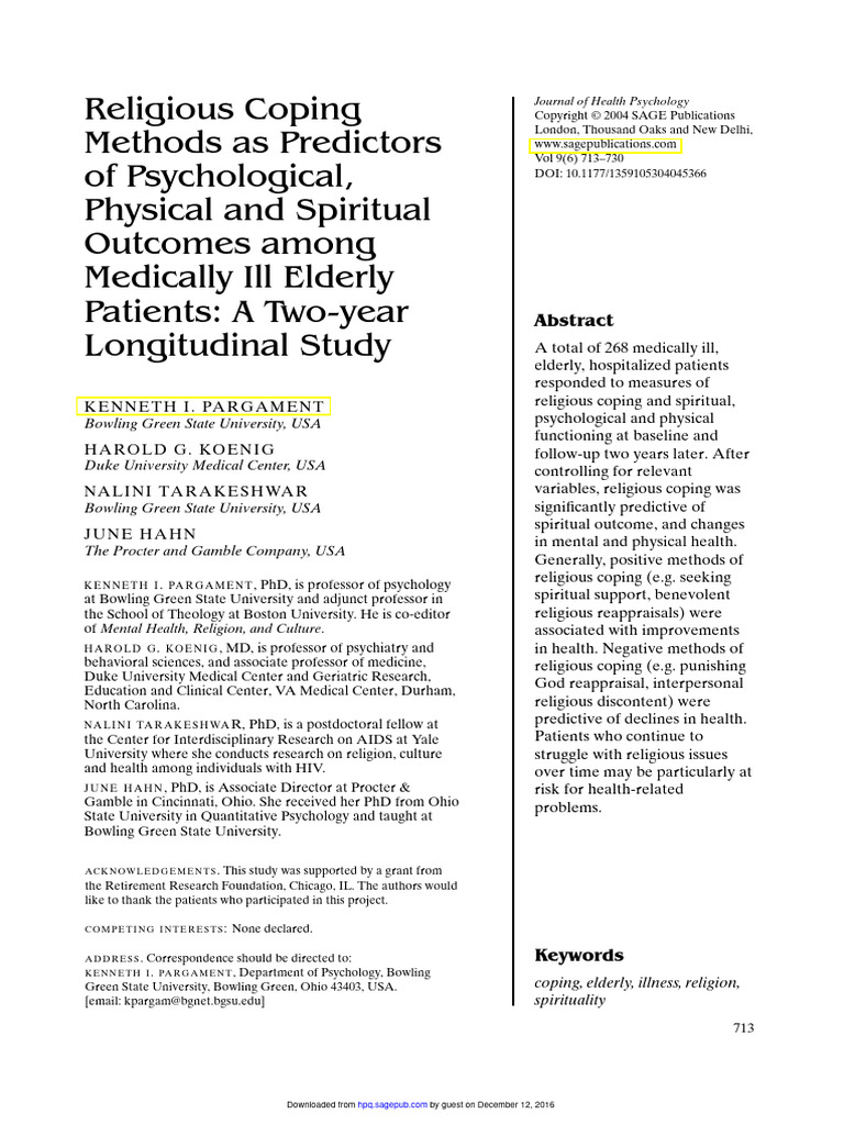 Religious Coping Methods As Predictors of Psychological, Physical and ...
