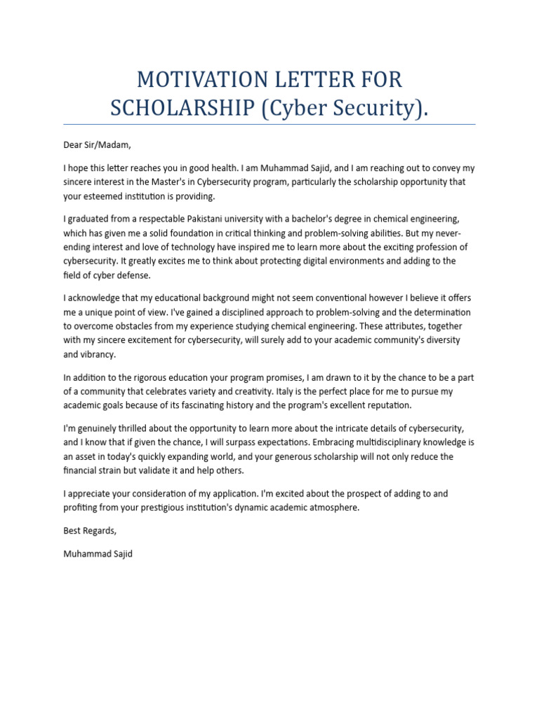MOTIVATION LETTER FOR SCHOLARSHIP (Cyber Security) | PDF