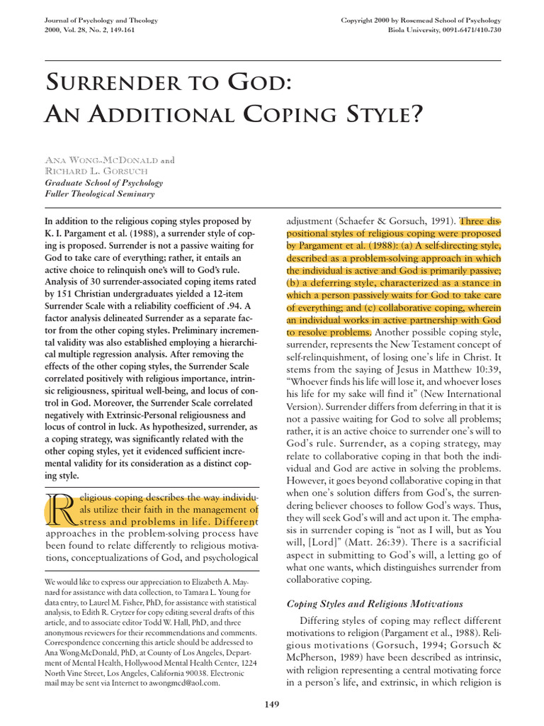 SURRENDER TO GOD- AN ADDITIONAL COPING STYLE? (WONG-MCDONALD) | PDF ...