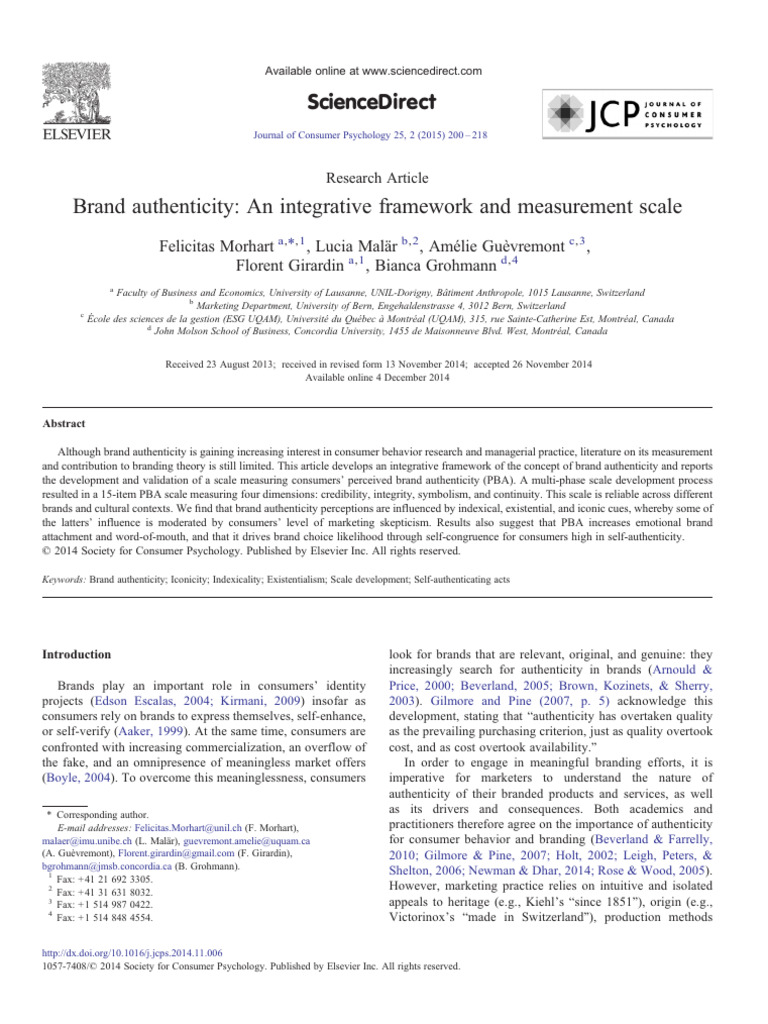 Brand Authenticity: An Integrative Framework and Measurement Scale ...
