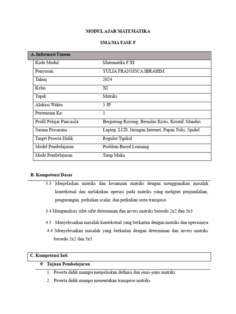 Modul Ajar Dan LKPD Matriks Fiks | PDF | Metode & Bahan Ajar | Teknologi & Rekayasa