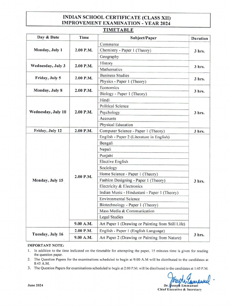 Isc Class 12 Improvement Examination 2024 | PDF