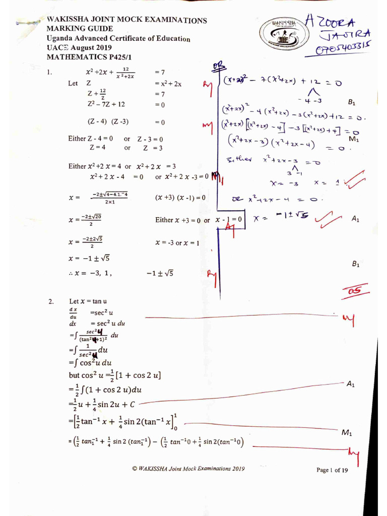Mathematics Paper 1 Uace Marking Guide Wakissha 2019 | PDF