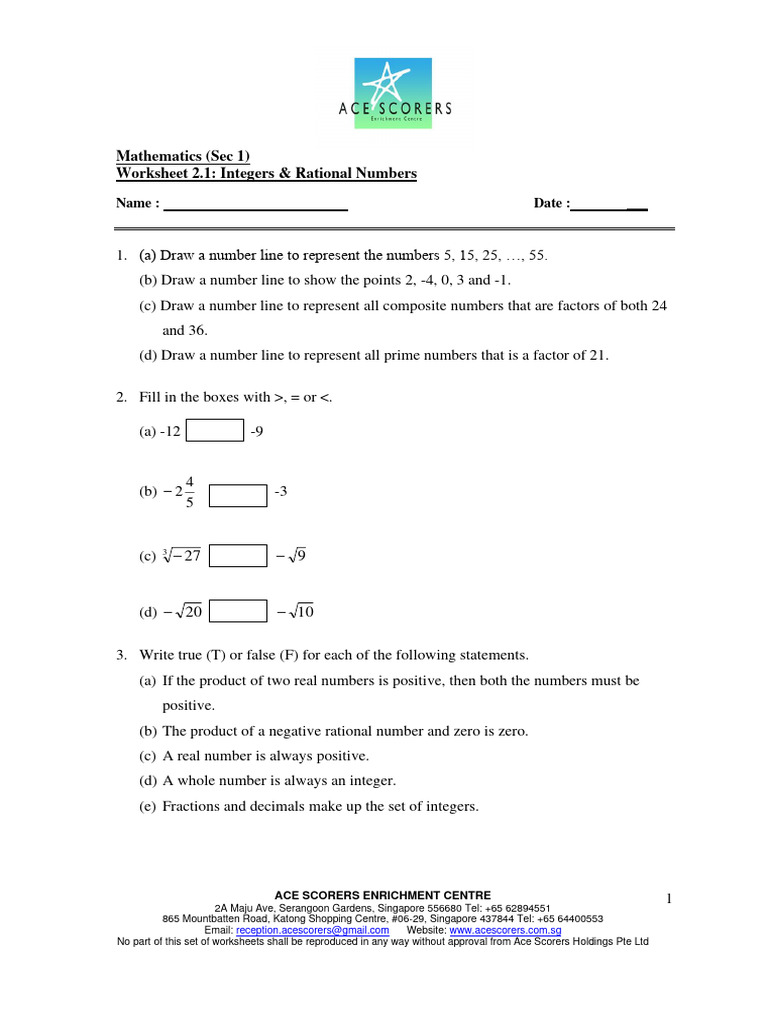Worksheet 2.1 (Integers & Rational Numbers) - CLEARED BUT NO ANS | Download Free PDF | Numbers ...