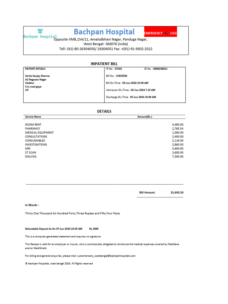 Inpatient Bill for Sarita Sharma 2024 | PDF | Service Industries | Medicine