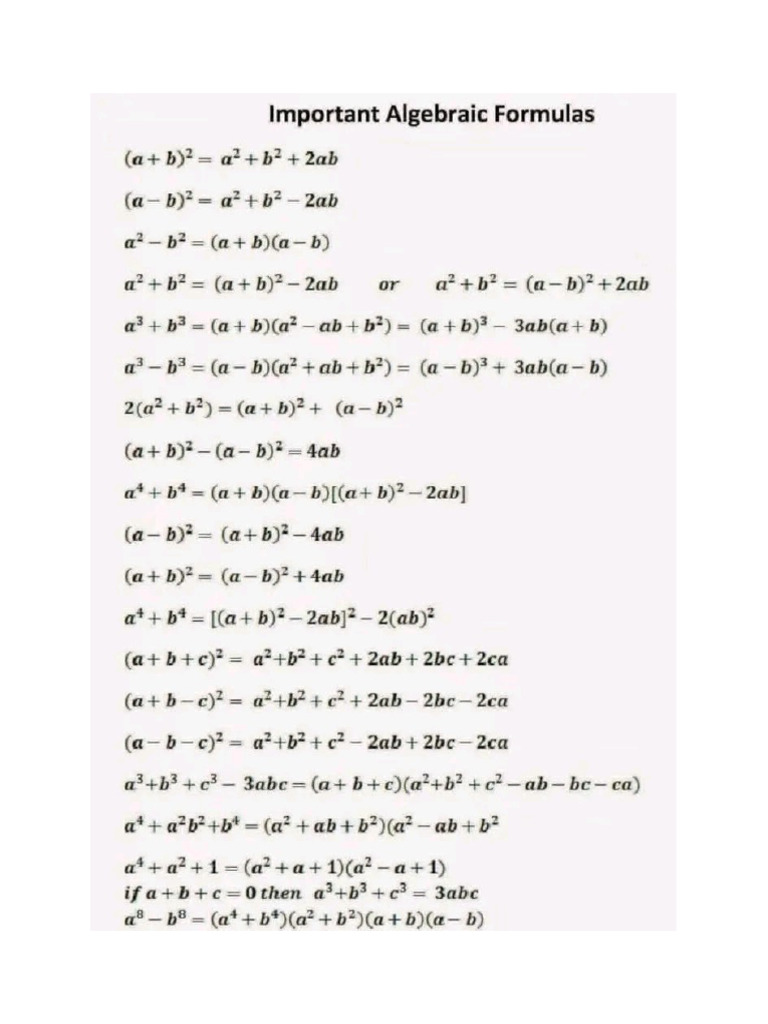 Important Algebraic Formulas | PDF