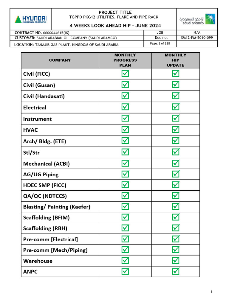 SM12-PM-5010-0XX - 3 or 4 Weeks Look Ahead HIP - June 2024 Draft | PDF | Hazards | Risk