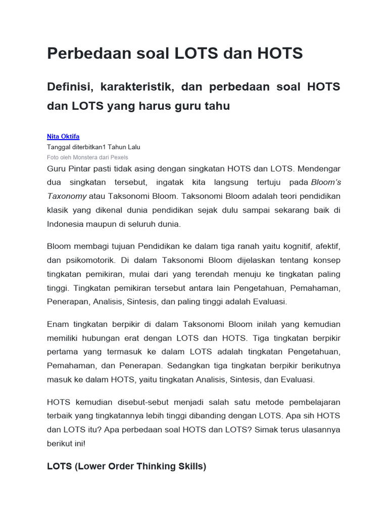 Perbedaan Soal LOTS dan HOTS | PDF