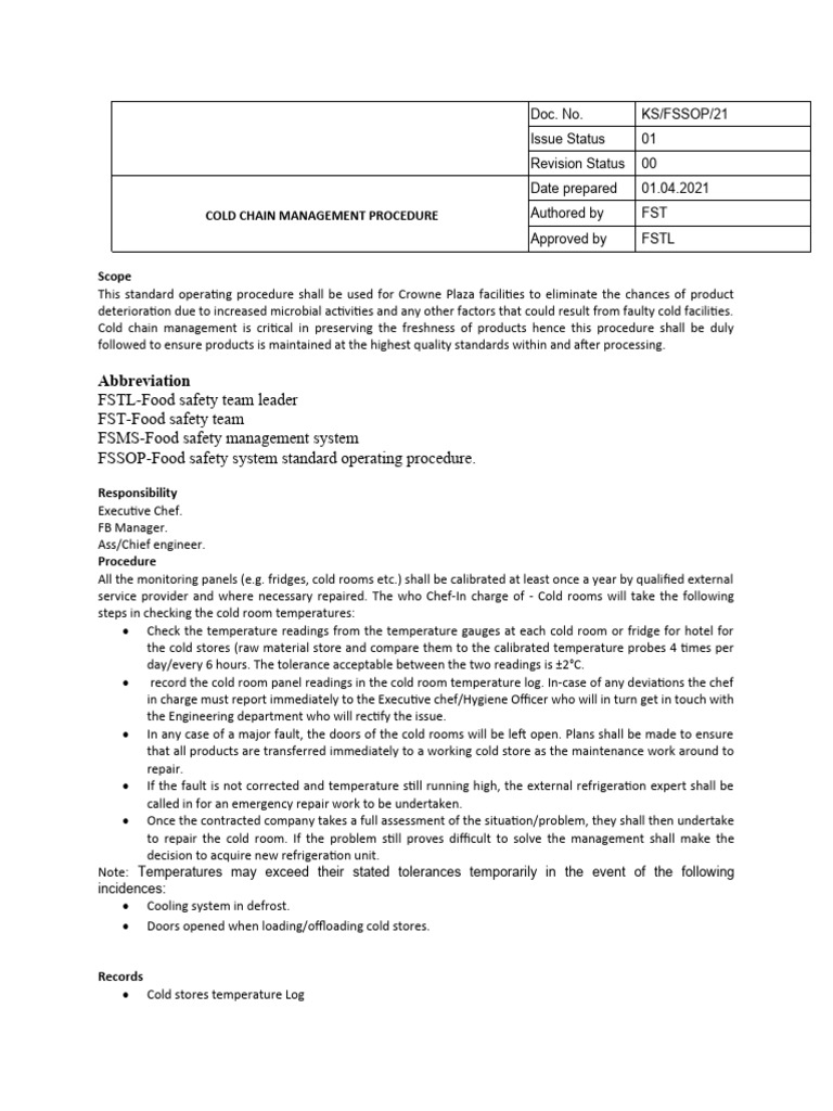 21cold Chain Management SOP | PDF | Refrigeration | Refrigerator