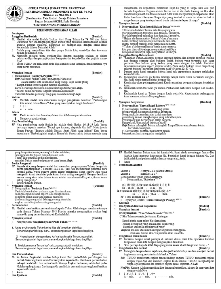 Tata Ibadah HUT PGI ke-74 GKSBS | PDF