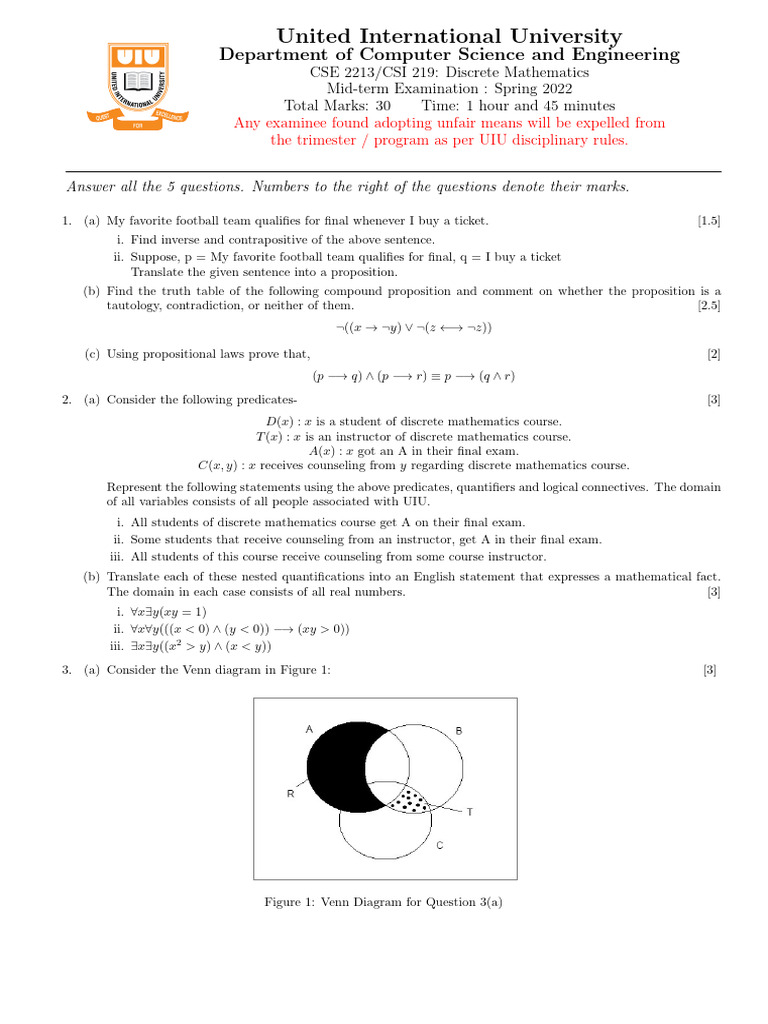 Spring 22 Mid Cse 2213 Uiu | PDF | Proposition | Logic