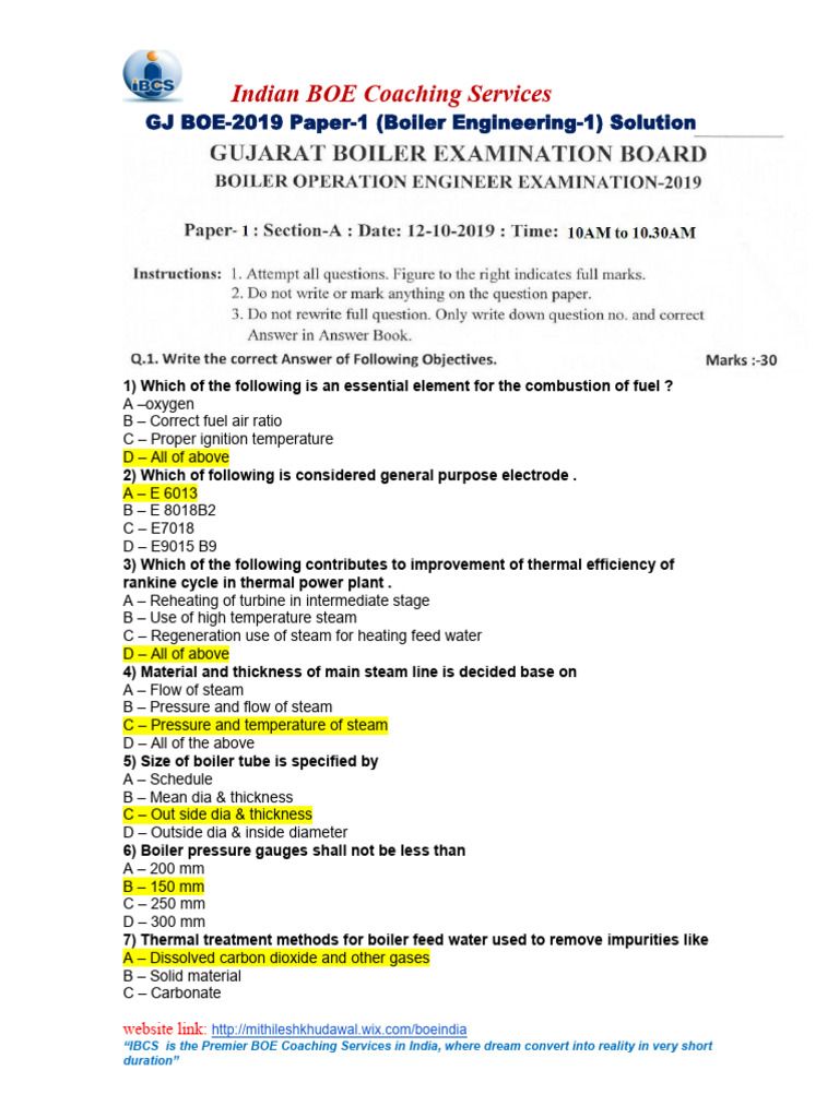 GJ BOE-2019 Paper-1 Solution | PDF | Boiler | Steam