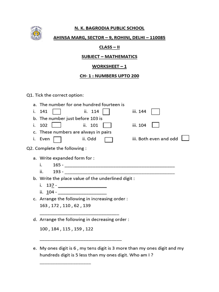 Class 2 Maths Erp Worksheets 23-24 | PDF | Litre | Mathematics