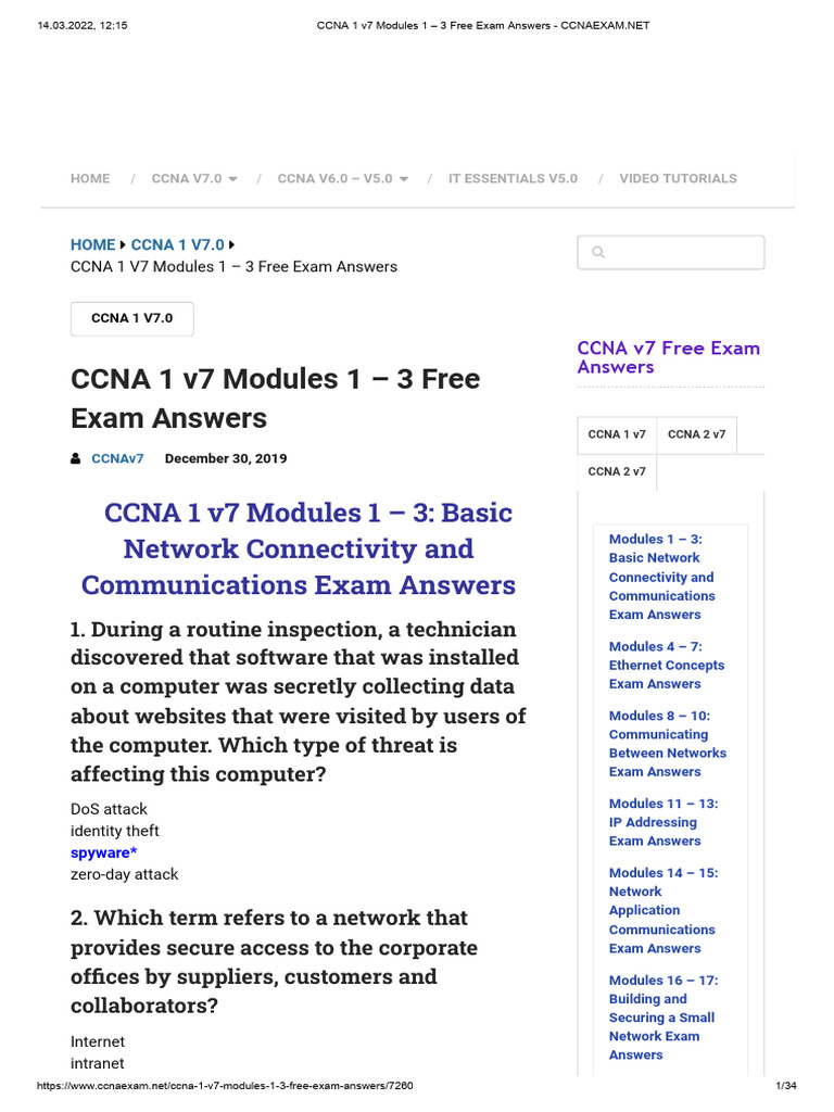 Ccna 1 v7 Modules 1 3 Free Exam Answers Ccnaexam | PDF | Computer Network | Internet Protocol Suite