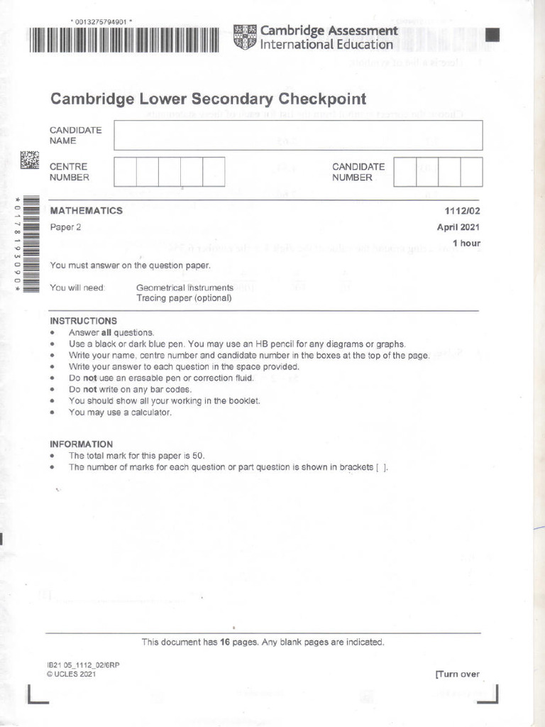 April 2021 Checkpoint Math Paper 1 and 2 Compress | PDF