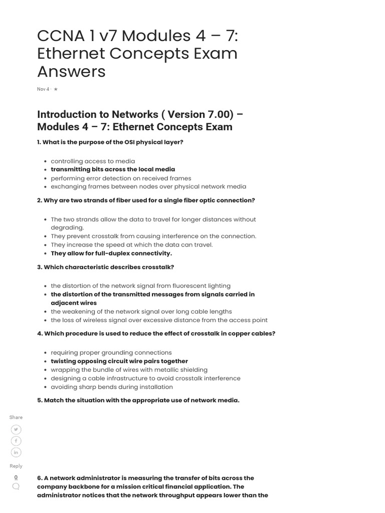 Ccna 1 v7 Modules 4 7 Ethernet Concepts Exam Answers | PDF | Computer Network | Transmission Medium