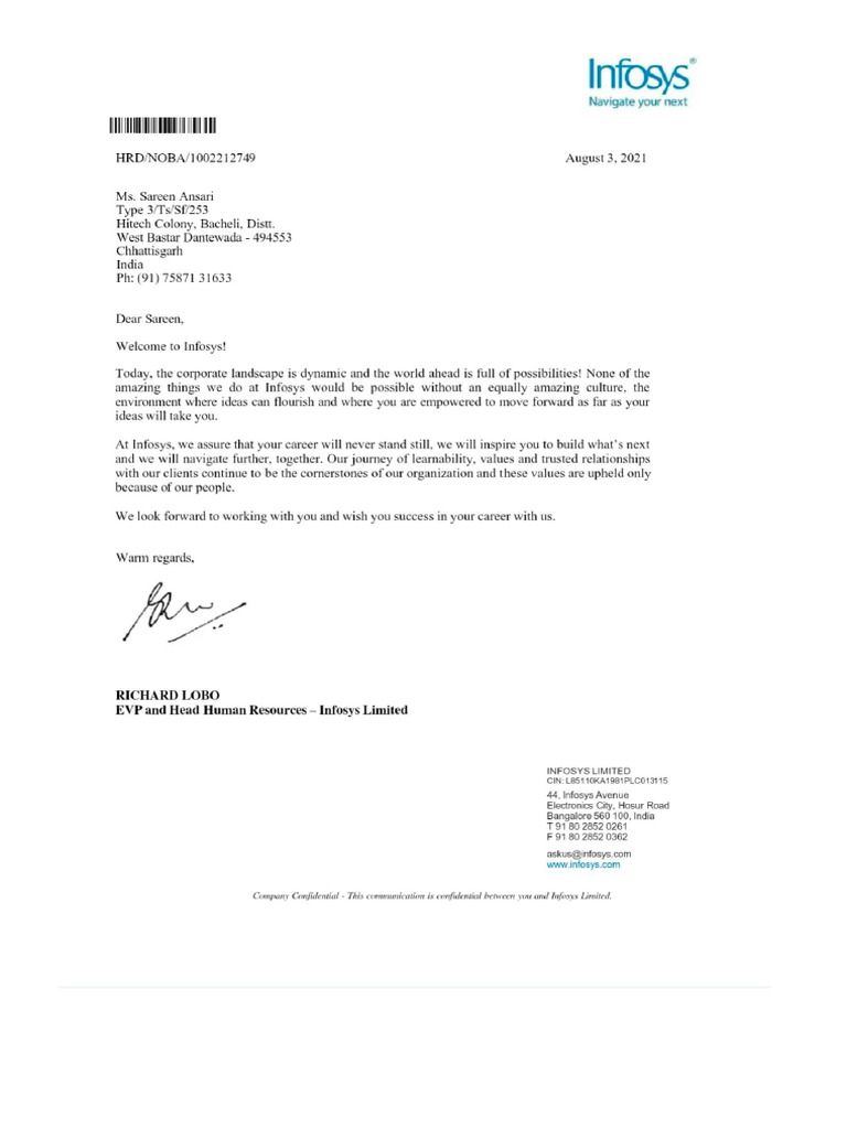 Offer Letter Infosys | PDF