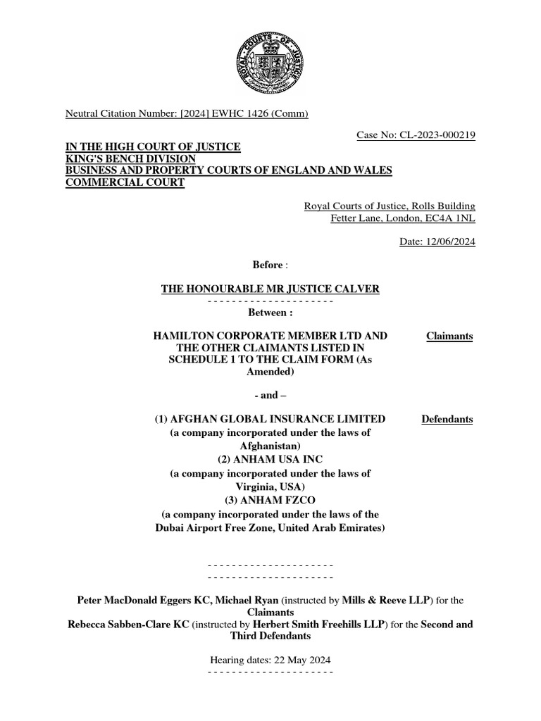 Hamilton Corporate V Afghan Global | PDF | Insurance | Reinsurance